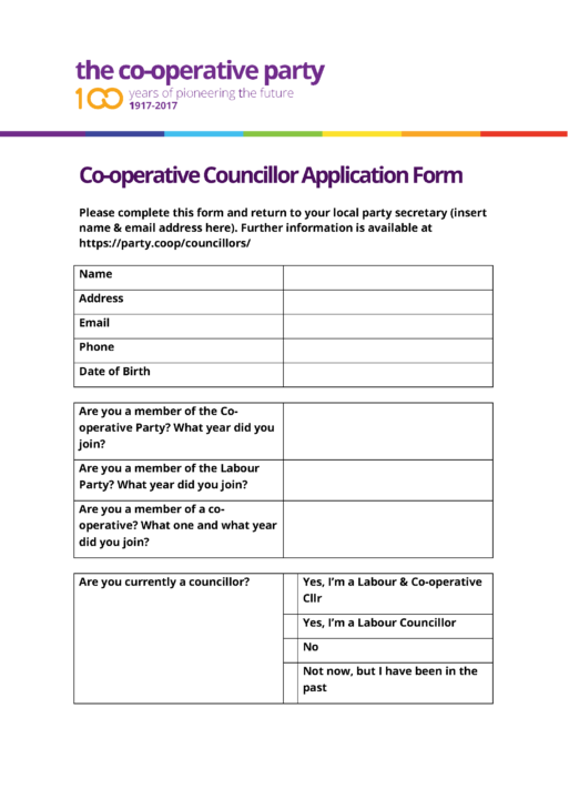 Councillor Application Form Template – Co-operative Party
