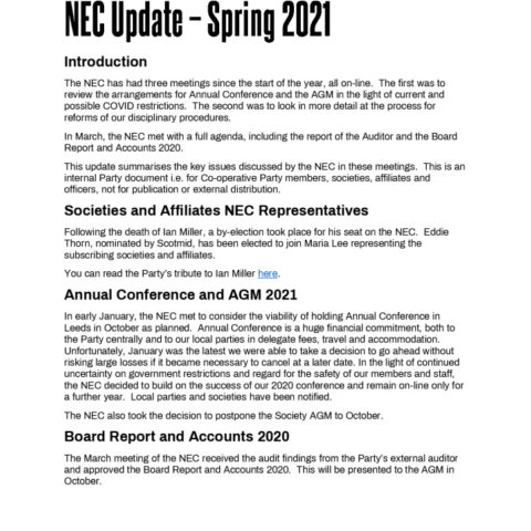 NEC Update – Spring 2021 – Co-operative Party
