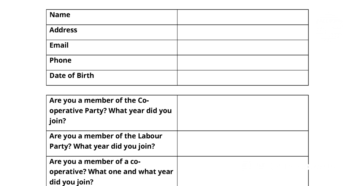 Councillor Application Form Template – Co-operative Party